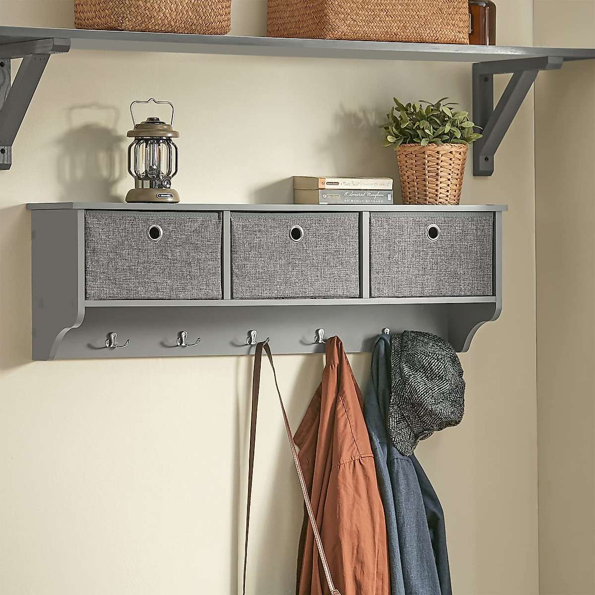 Haotian Wall Shelf with Hooks, Coat Rack Wall Mount with Shelf Entrywall Storage Cabinet Unit with 3 Baskets 5 Hooks, Grey, FRG282-HG