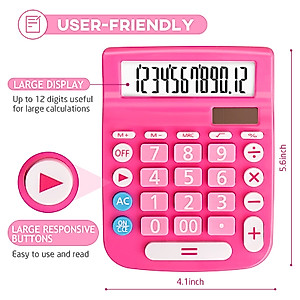 Calculators Desktop, Large Display Big Button, Solar and Battery Dual Power, 12 Digit Small Basic Standard Functional Calculator Cute for Office, Home, School (Pink)