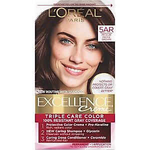 L'Oreal Paris Excellence Creme Permanent Triple Care Hair Color, 5AR Medium Maple Brown, Gray Coverage For Up to 8 Weeks, All Hair Types, Pack of 1