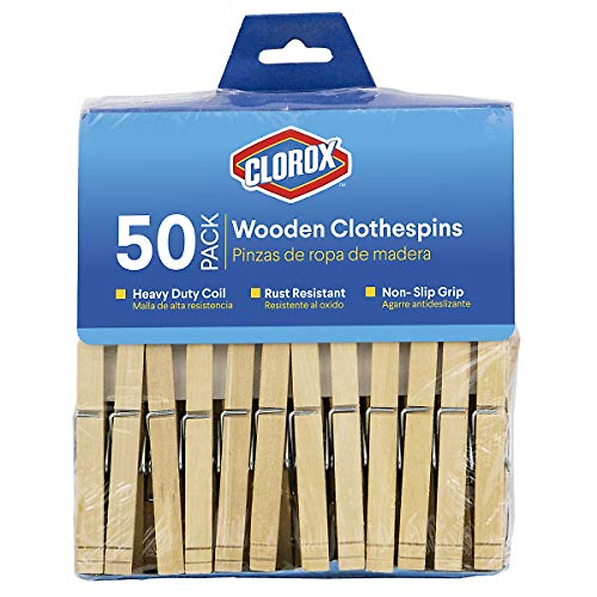 Clorox Wood Clothespins with Spring - Value Pack of 50 Clips, Rust Resistant with Heavy-Duty Coil for Line Drying Laundry, Chip Bags, and Crafts