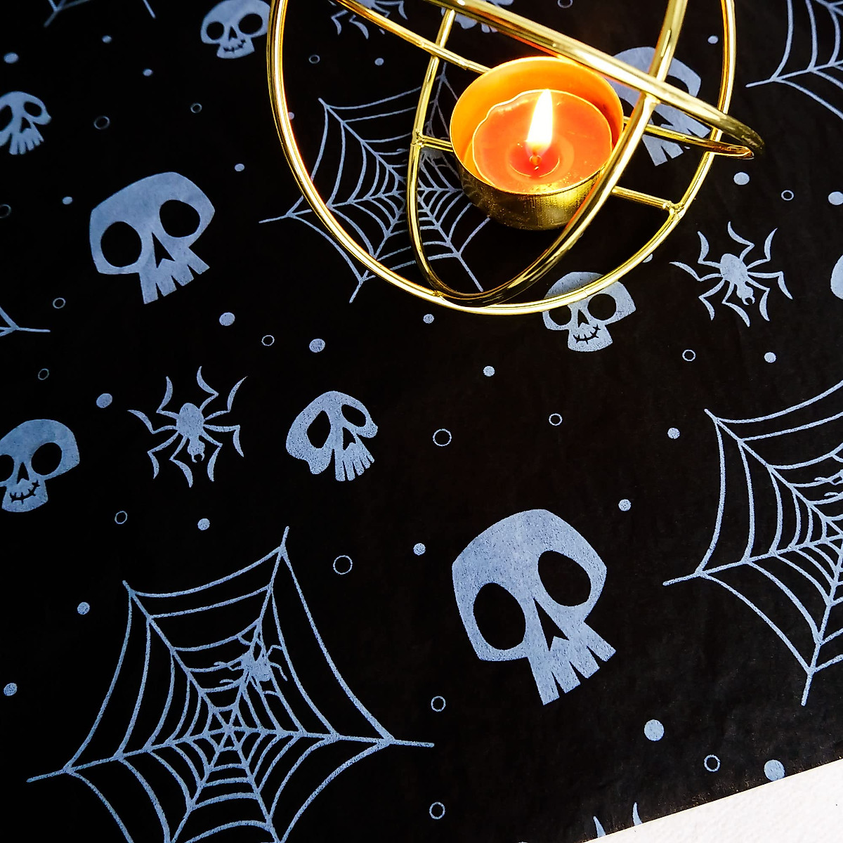 MR FIVE 30 Sheets Black Halloween Tissue Paper Bulk,20" x 28",Black with White Skull Spider Web Pattern Tissue Paper,Halloween Tissue Paper for Gift Bags,Skull Tissue Paper for Halloween Party