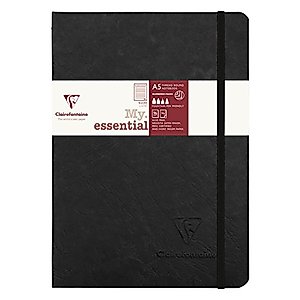 Clairefontaine - Ref 793461C - Age Bag Thread-Bound Notebook (192 Pages) - A5 Size, Lined Rulings, 90gsm Brushed Vellum Paper, Elastic Closure - Black Cover