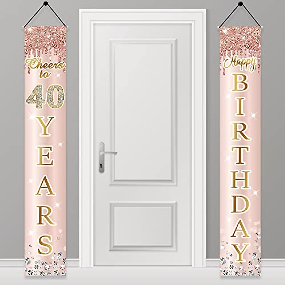 40th Birthday Decorations Door Banner for Women, Pink Rose Gold Cheers to 40 Years Happy Birthday Sign Party Supplies, Sweet Forty Birthday Backdrop Porch Decor
