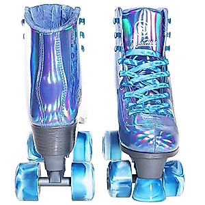 JajaHoho Roller Skates for Women, Holographic High Top Faux Leather Rollerskates, Shiny Double-row four colour mixture wheels Quad Skates for Girls and Age 8-51 Indoor Outdoor (Very Peri Blue, Size 9)