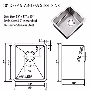 Stainless Steel Undermount Bar Sink, BoomHoze 15 x 17 Inches Small Wet Bar Sink Undermount 16 Gauge SUS304 Brushed Nickel Single Bowl Outdoor Bar Sink