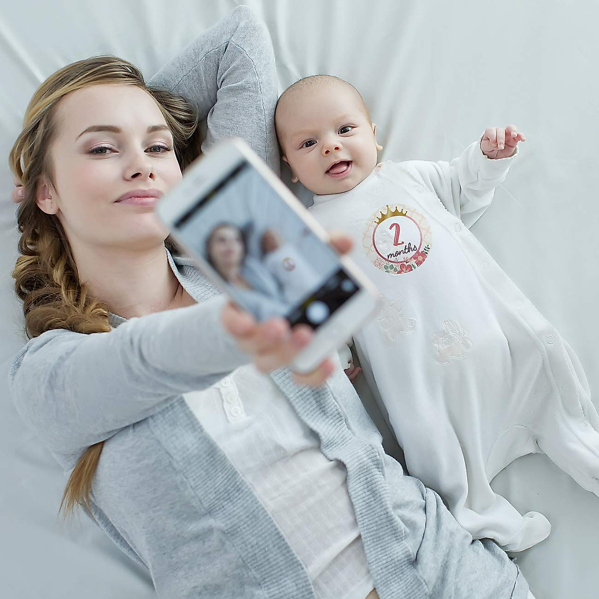 Baby Monthly Milestone Stickers, (Set of 20) Baby Belly Stickers with Crown Rose Gold Flower, Best Baby Shower Registry Gift, Scrapbook Photo Keepsake or Baby Photo Sharing Milestone Sticker.