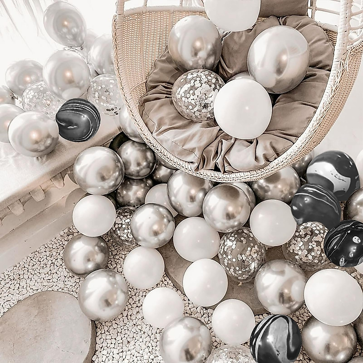 Mayen 50 Pcs 12 Inches Black Silver White Balloons Set, Black Marble Balloons, Silver Metallic and Silver Confetti Balloons, Black and Silver Birthday Party Decorations, Silver Graduation Decorations
