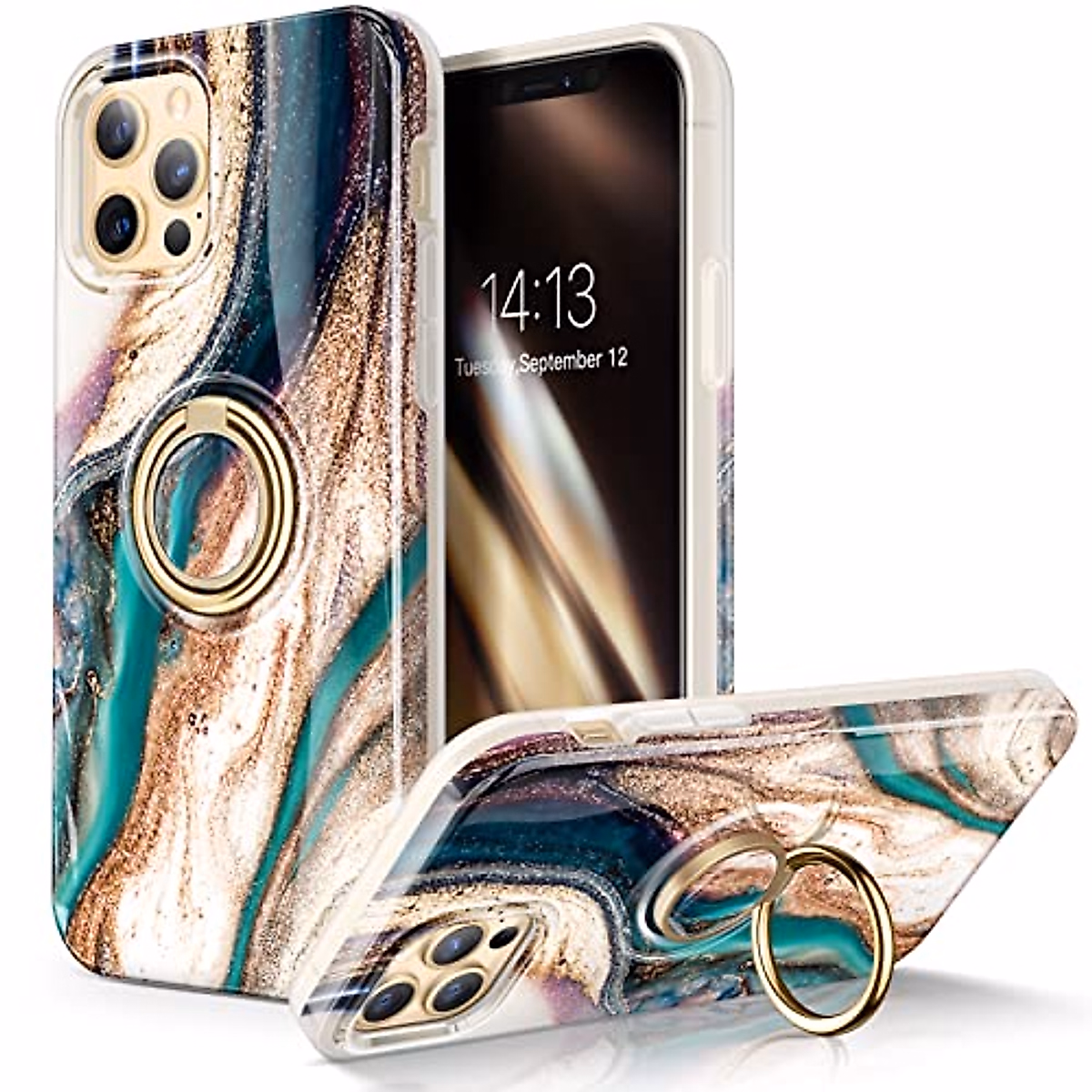 GVIEWIN for iPhone 12 Pro Max Case 6.7 Inch, Built-in 360° Rotate Ring Stand, Stylish Durable Marble Pattern Shockproof Kickstand Phone Holder Protective Case Cover (Drift Sand/Brown)