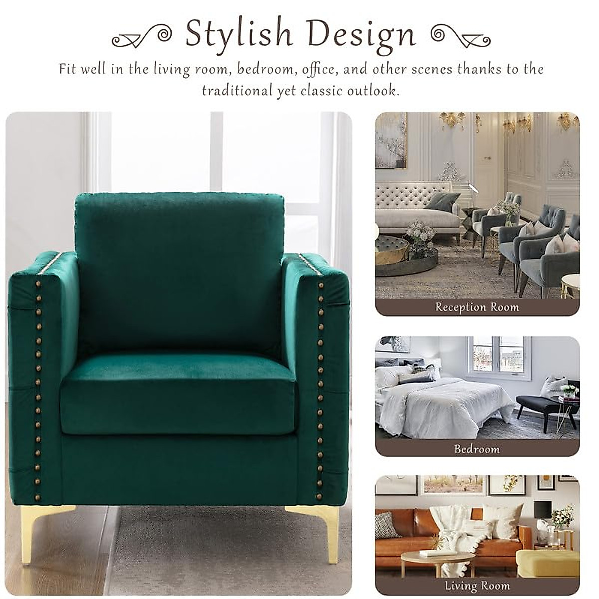 Modern Velvet Accent Chair, Tufted Button Armchair with Pillow and Decorative Nailheads Single Lounge Sofa Chair Club Chair with Steel Legs for Living Room Bedroom Office (Green)