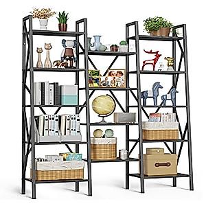 Gizoon Modern Triple Wide 5 Tiers Bookshelf with Storage,Industrial Bookcase with 14 Open Display Shelves, Large Etagere for Living Room/Home/Office-Black
