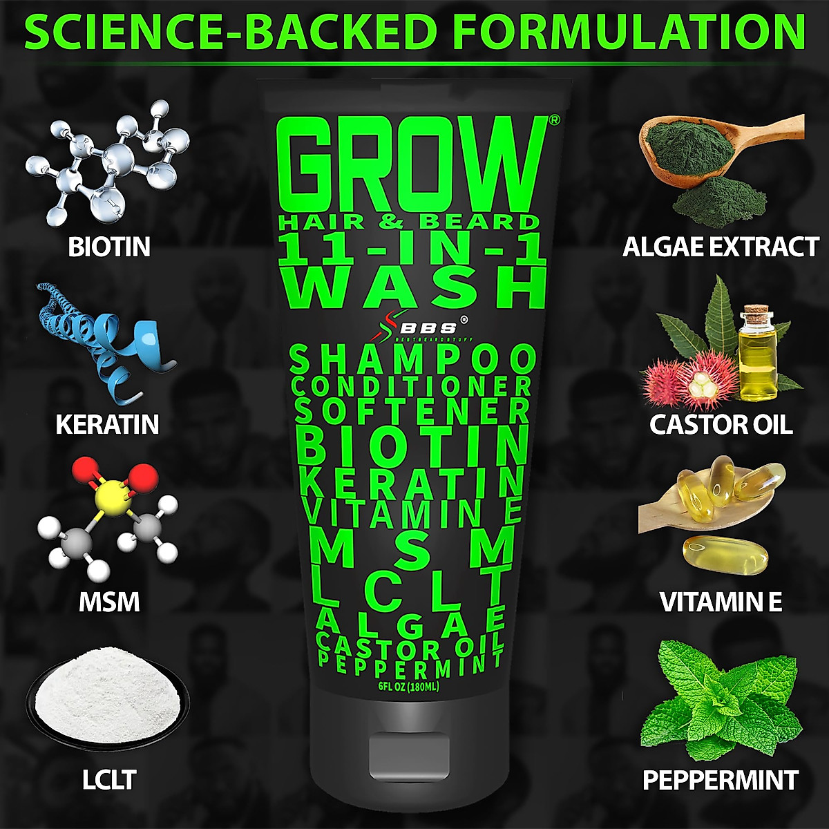 GROW Hair & Beard 11-in-1 Wash: Shampoo, Conditioner Softener, Biotin, Castor Oil, Peppermint Essential Oil, Vitamin E, MSM, Keratin, Algae, LCLT - Supports Healthy Growth - Vegan - BBS USA Product