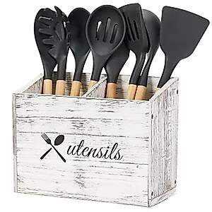 Kitchen Utensil Holder Organizer with 2 Compartments,Wood Flatware Silverware Organizer Rustic Farmhouse Utensil Caddy for Countertop Decor,Wall Mounted Kitchen Organizer and Storage Cutlery Caddy
