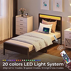 Rolanstar Bed Frame with Charging Station, Twin Bed with LED Lights Headboard, Metal Platform Bed Frame, Strong Metal Slats, 10.2” Under Bed Storage Clearance, No Box Spring Needed, Noise Free