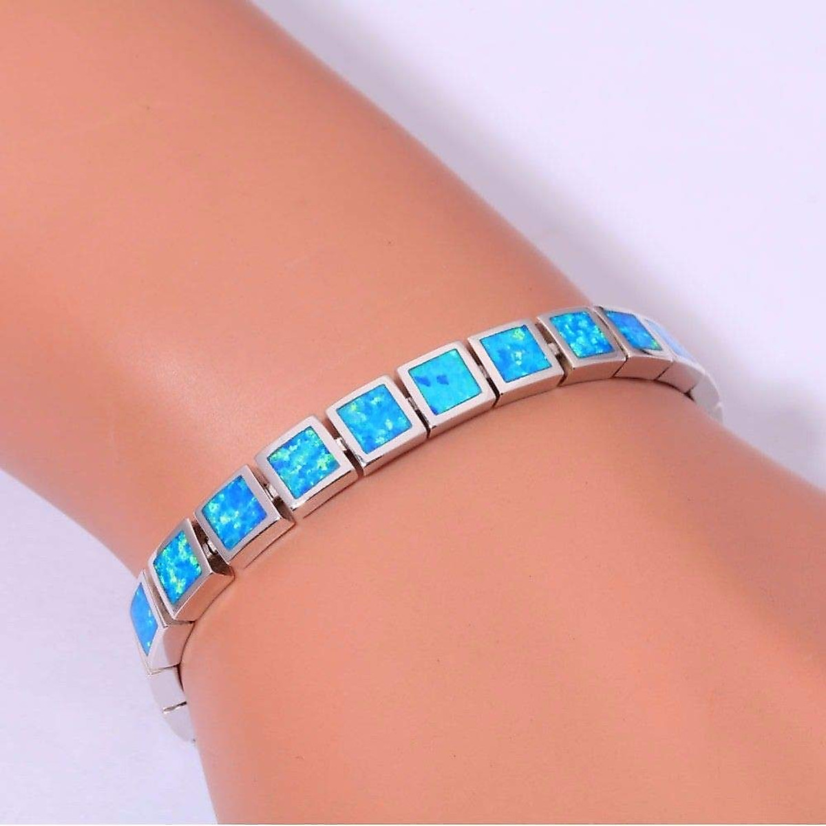 CiNily Blue Fire Opal 14K White Gold Plated Bracelets for Women Jewelry Gems Bracelet 8 3/4"