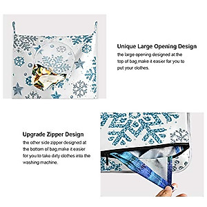 Snowflakes And Stars Door Hanging Laundry Hamper Bag Winter Christmas Space Saving Wall Large Laundry Basket Storage Dirty Clothes Bags with Bottom Zippers Hooks For Bathroom Bedroom 1 Pcs