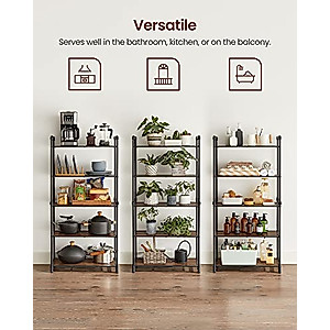VASAGLE Bathroom Shelves, 5-Tier Storage Rack, Plant Flower Stand, 24.4 x 12.2 x 51 Inches, for Living Room, Balcony, Kitchen, 12.2”D x 24.4”W x 51”H, Rustic Brown + Black