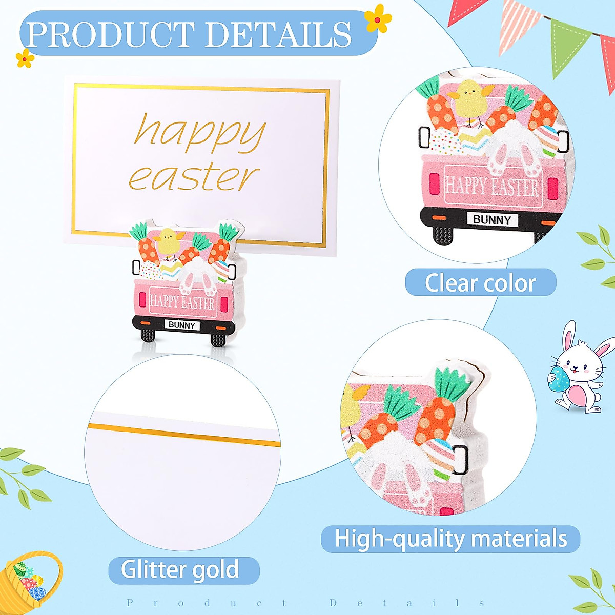 Kigley 18 Pcs Easter Bunny Eggs Wooden Place Card Holder with 25 Pcs Gold Foil White Card Easter Wooden Table Sign Bunny Easter Eggs Picture Number Sign Stands Holder for Spring Party (Cute)