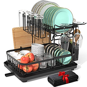 SouAny 2 Tier Dish Drying Rack with Drainboard, Large Dish Organizer and Strainer Set for Kitchen Counter with Mat, Wine Glass Holder and Utensil Holder