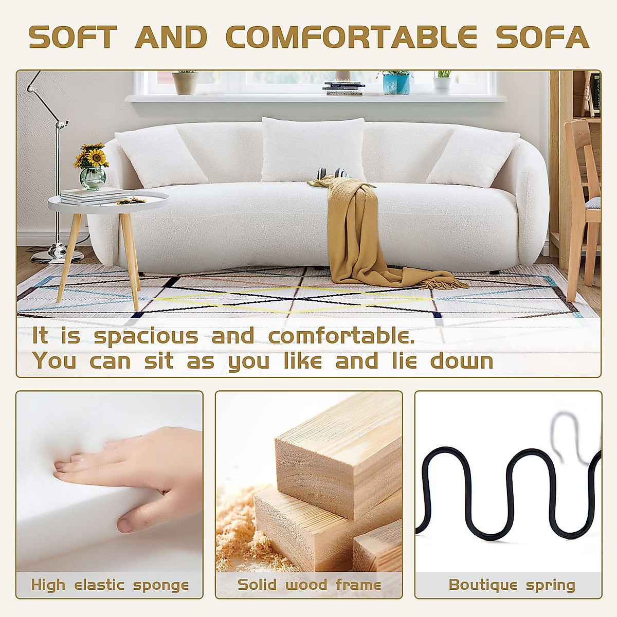 HanStrong 93.6" Curved Sofa Couch for Living Room, Modern 3-Seat Comfy Boucle Fabric Sofa with 3 Throw Pillows for Apartment Office, Beige