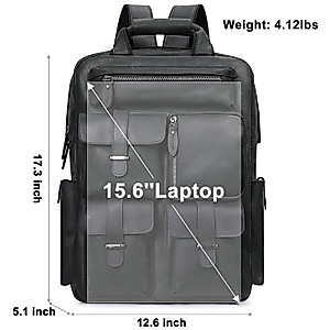 S-ZONE Men Genuine Leather Backpack Purse Vintage Casual Daypack Multi Pockets Travel Bag (Black)