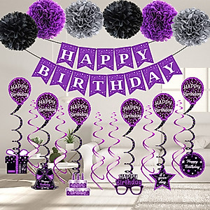 Birthday Decorations Purple Black, Happy Birthday Party Decorations for Women Girls Men Boys, Happy Birthday Banner, Double-Sided Bday Pattern Card, Birthday Sash, Pompoms,Hanging Swirl Bday Decor Set