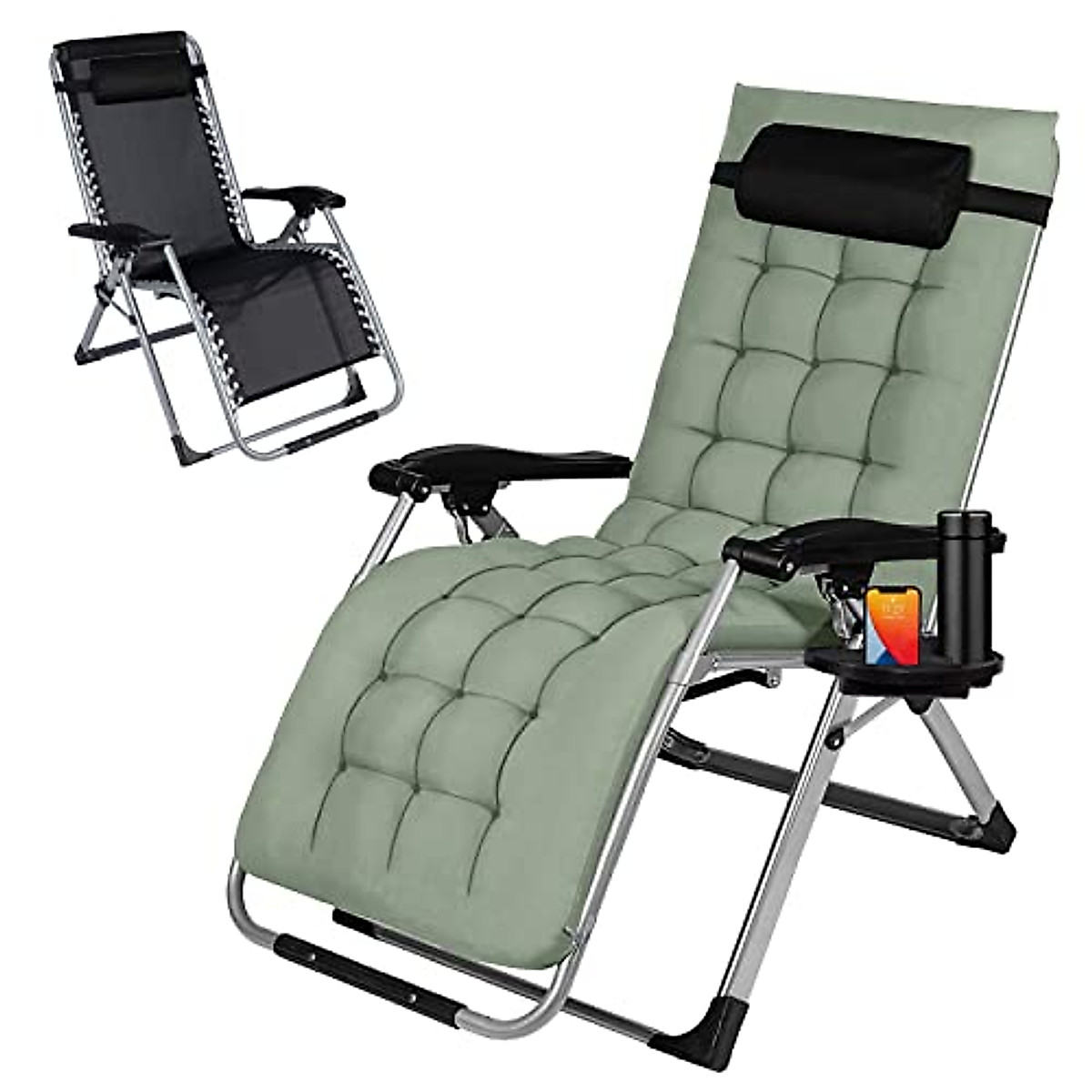 Polar Aurora Zero Gravity Chair, Outdoor Adjustable Padded Lounge Chairs with Detachable Cushion, Removable Headrest and Cup Holder, Premium Durable Folding Portable Recliner Supports Over 330 LBS