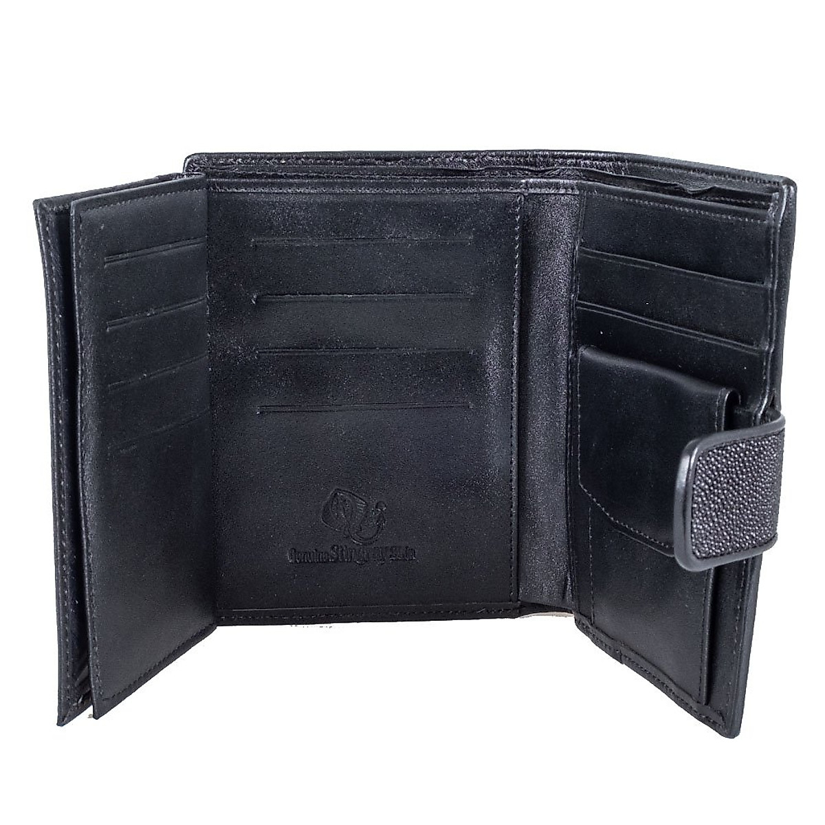 Genuine Stingray Leather Business Window Card Men Black Bifold Snap Coin Wallet