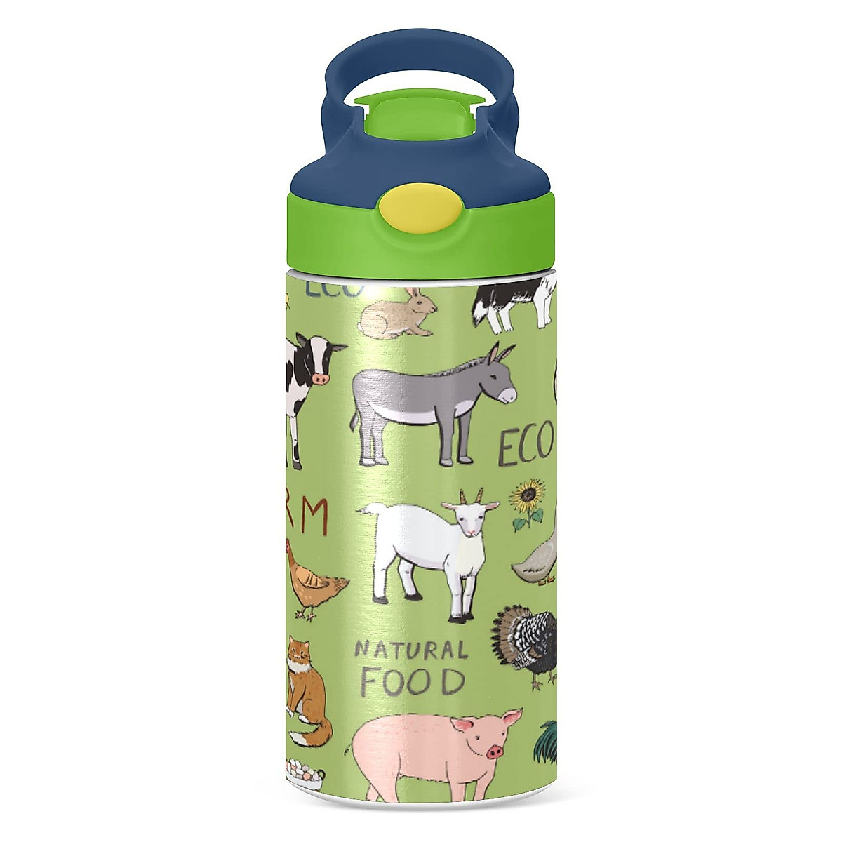 Kigai Farm Animals Kids Water Bottle, BPA-Free Vacuum Insulated Stainless Steel Water Bottle with Straw Lid Double Walled Leakproof Flask for Girls Boys Toddlers, 12Oz