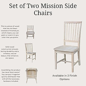 Set of 2 Mission Side Chairs 39.2"H, Solid Parawood Kitchen Dining Furniture, Stylish Comfortable Chairs for Dining Room, Paint or Stain to Match Your Decor, Unfinished