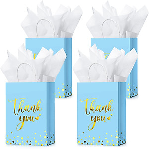 Tinlade 30 Pcs Thank You Gift Bags with Tissue Paper Gold Thank You Wedding Bags with Handle for Graduation Business Shopping Wedding Baby Shower Party Favors(Light Blue)