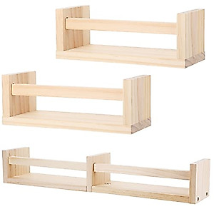 Set of 3 Nursery Book Shelves Natural Wood Floating Book Shelves for Kids Wooden Wall Shelves for Room Bathroom Kitchen Bedroom Decor, Book Shelf Organizer for Baby Nursery Decor, 2 Sizes