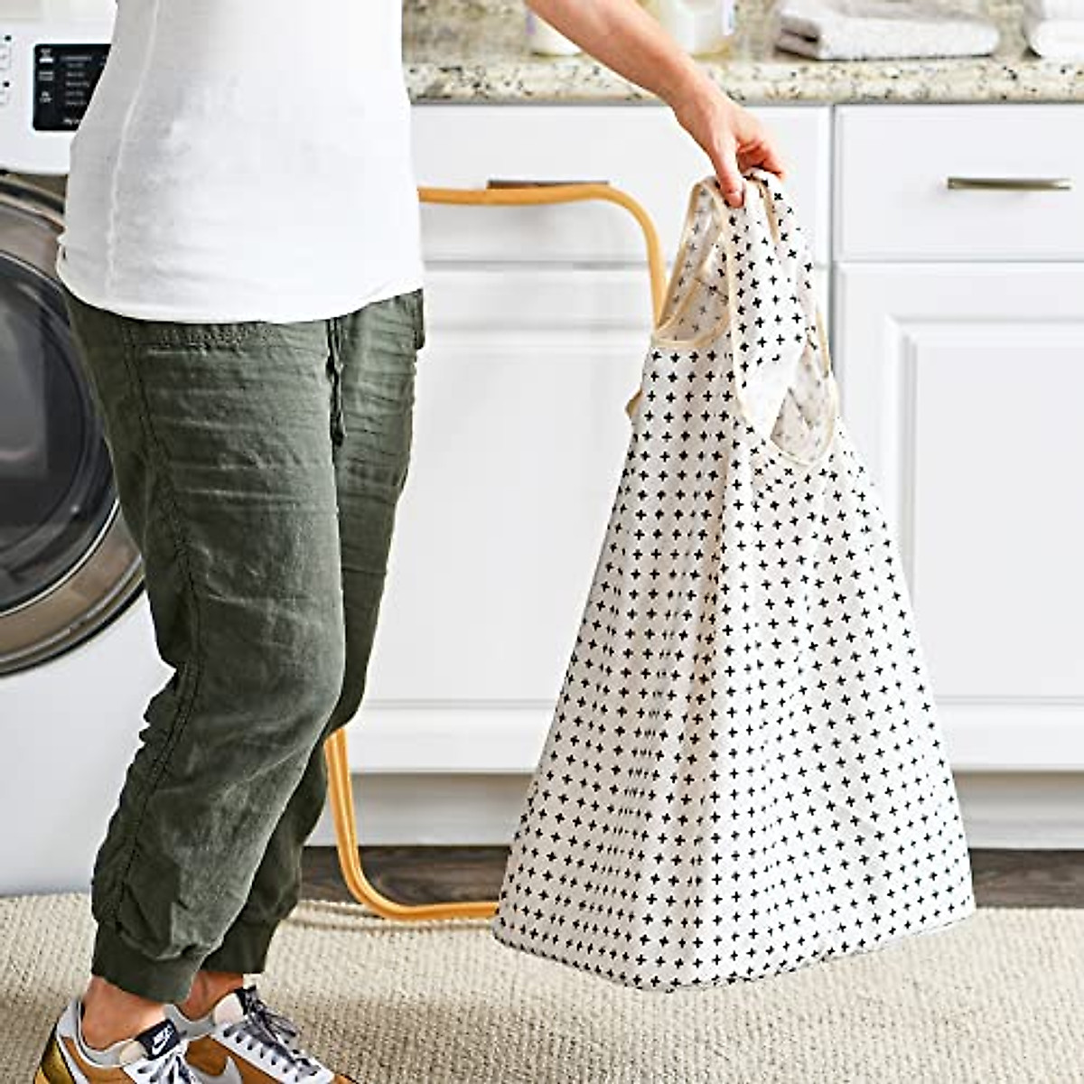 Household Essentials Bamboo X Frame Hamper with Cross Pattern, Black and White