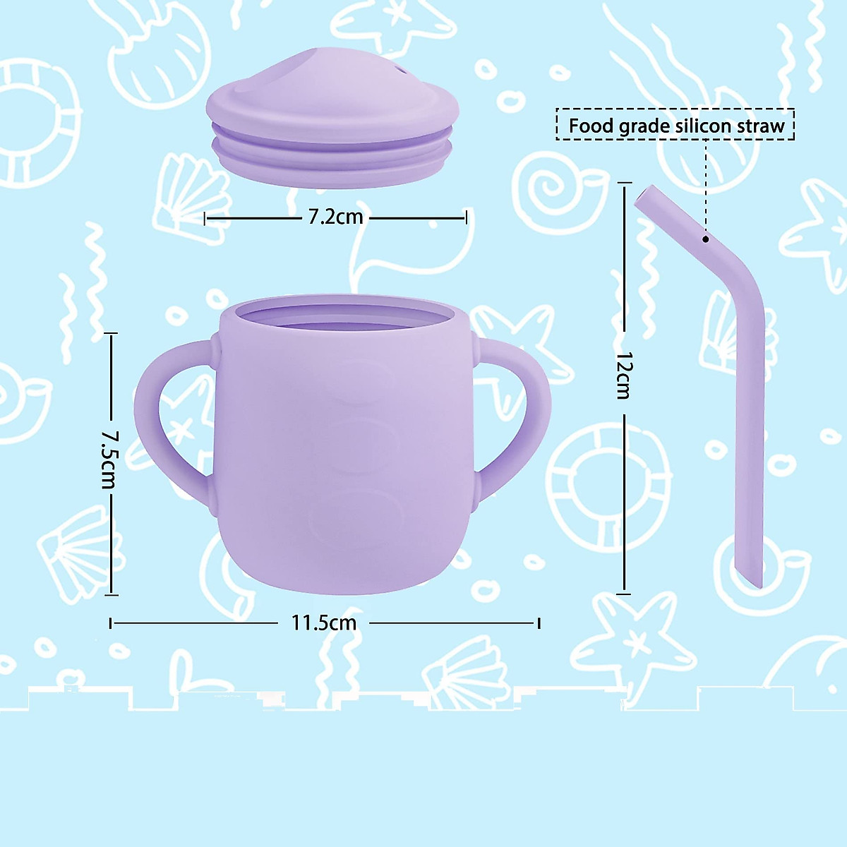Linshuma Silicone Baby Training Cup, Toddler Straw Sippy Cup, Kids trainer Cup Spill & Non-Slip with 2 Handles BPA Free, Open Cup for 6 months+ Babies Cute 150ML Purple