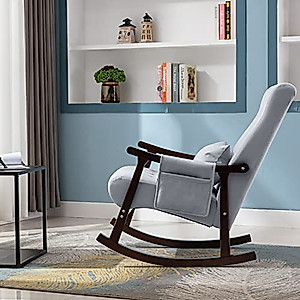 Prahalum Nursery Rocking Chairs Glider, Rocker Chair with High Back Tufted Design, Comfy Nursing Armchair for Mom, Side Pocket, Lumbar Pillow, Leathaire, Light Gray