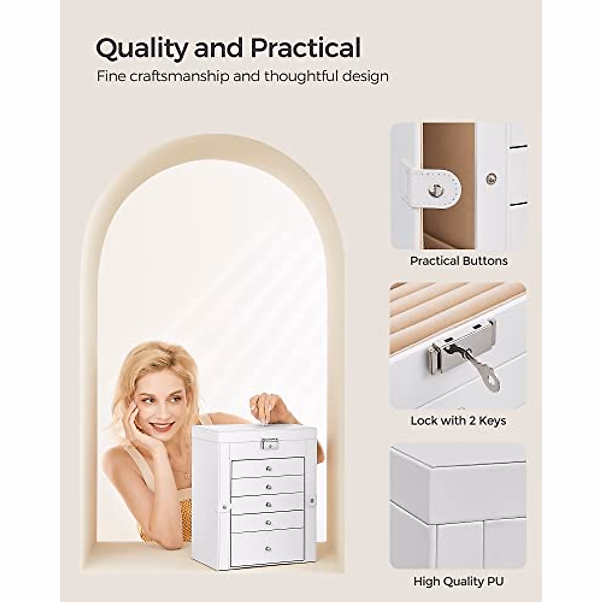 SONGMICS 6 Tier Jewelry Box, Jewelry Case with 5 Drawers, Large Storage Capacity, with Mirror, Lockable, Jewelry Storage Organizer, Gift for Loved Ones, For Watches, White UJBC152W01