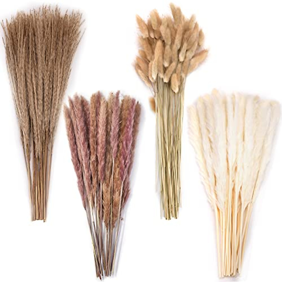 DomeStar 130PCS Pampas Grass Decor,Dried Pampas Grass Contains White and Natural Bunny Tail Grass Reed Boho Bouquet Decor for Wedding Party Home Table Vase Rustic Farmhouse Decor（18 inch）