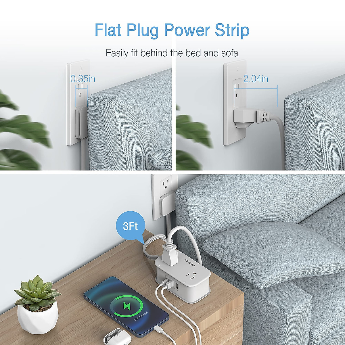 Travel Power Strip, TESSAN 3 ft Wrapped Flat Plug Extension Cord with 4 Wall Outlets 3 USB(1 USB C), Small Portable Charging Station, Compact for Home Office Hotel, Cruise Essentials Must Have