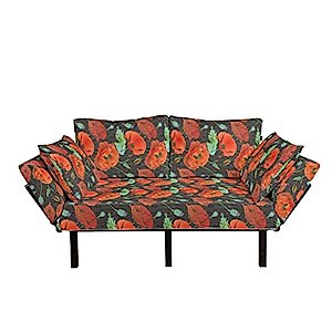 Lunarable Floral Futon Couch, Drawing Poppy Flower Wooden Background Repeating Pattern, Daybed with Metal Frame Upholstered Sofa for Living Dorm, Loveseat, Vermilion Pale Eggplant
