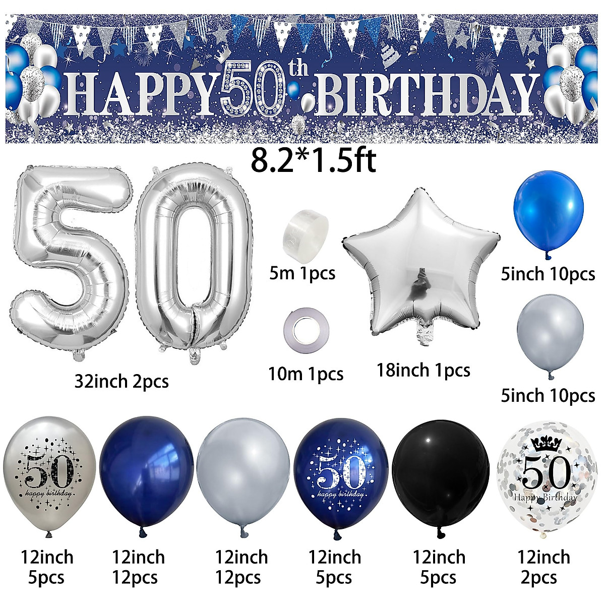 50th Birthday Party Decorations Navy Blue Silver Happy 50th Birthday Yard Banner with 61pcs Latex Balloons Foil Number 50 Balloons Backdrop for Men Women Birthday Anniversary Party Decor Supplies
