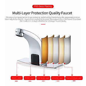 Automatic Touchless Bathroom Faucet Motion Sensor Sink Faucets, Hands Free Water Tap with Temperature Mixer Single Hole Cover Plate and 3/8" 1/2" Adapter & 3 Hoses, Chrome Finished