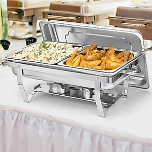 Fasmov Chafing Dish Buffet Set, 8 Quart Stainless Steel Catering Serve Chafer, Restaurant Food Warmer, Rectangular Buffet Stove with 2 Half Size Food Pans and Folding Frame