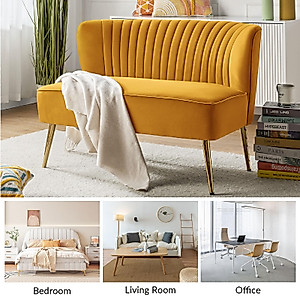 HULALA HOME Velvet Loveseat Sofa with Gold Legs, Mid-Century Modern Upholstered Love seat Couch, Tufted Small 2-Seat Sofa Armless for Living Room, Bedroom, Apartment Small Spaces, Mustard