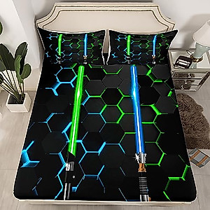 Geometric Honeycomb Hexagon Bed Sheets Twin Size Neon Blue Green Lightsaber Bedding Set 3Pcs Kids Boys Men Gamer Room Decor Fashion Black Sheet Set Cool 3D Games Fitted + Flat Sheet,1 Pillowcase