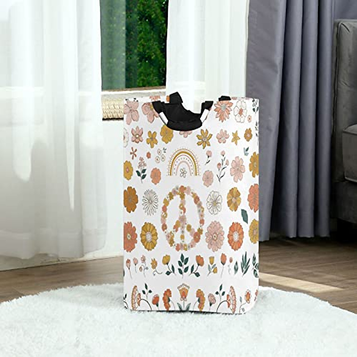 Kigai Laundry Hamper Basket Retro Flowers Peace Sign Collapsible Nursery Storage Bin Waterproof Clothing Baskets for Home Bedroom Bathroom Washing Room