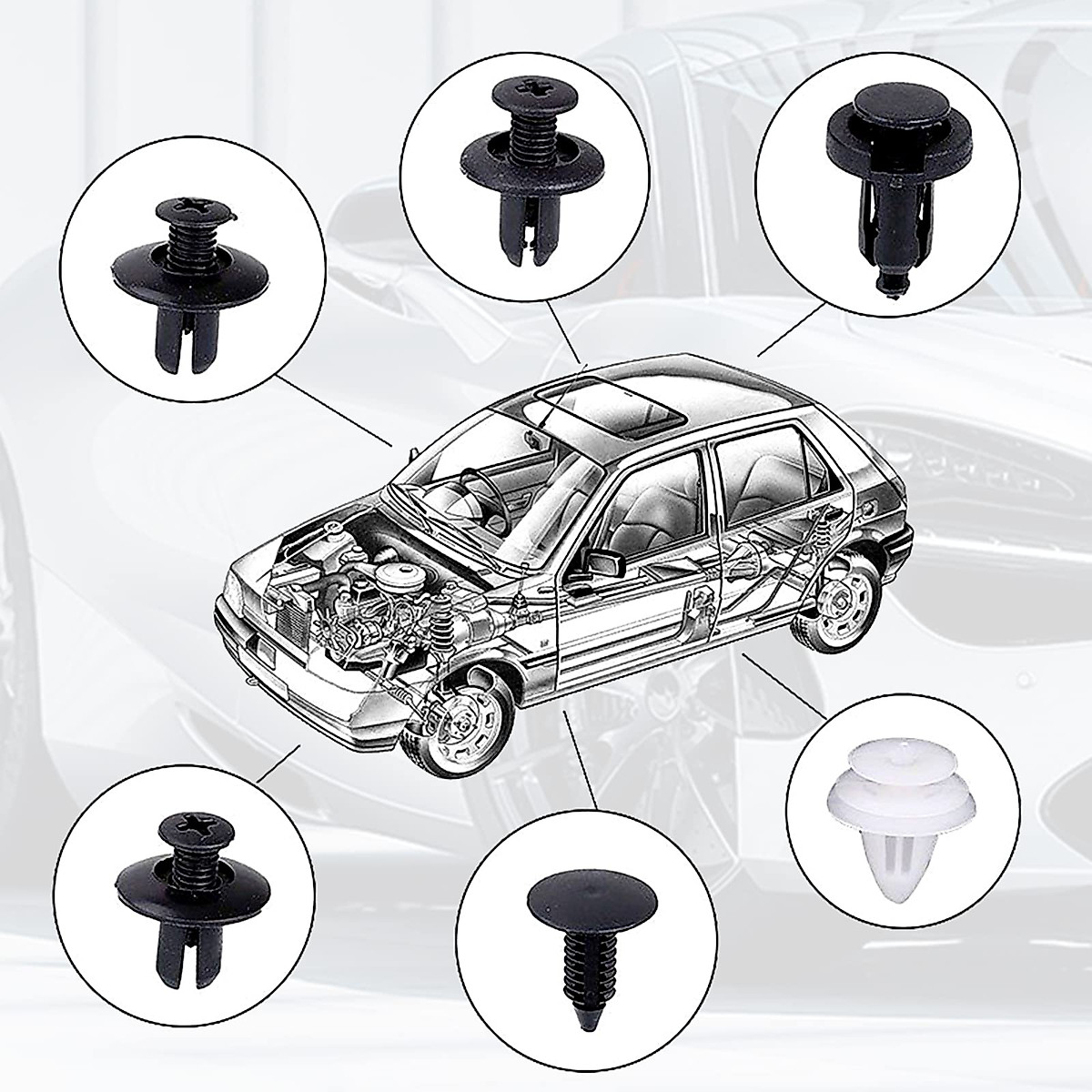 Dewkou 100 PCS Car Bumper Retainer Clips, 6.3mm 8mm 9mm 10mm Nylon Fasteners Rivet Replacement Kit, Push-in Screw Bumper Push Rivet Clip with Removal Tool, Suitable for Most Models (Black)