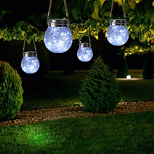 2 Pack Hanging Outdoor Solar Lights, 30 LED Outdoor Decorative Crackle Mason Jar Glass Lamp, Waterproof Solar Lanterns with Handle for Garden, Yard, Porch, Tree, Tabletop Decorations (White)