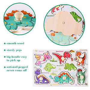 Wooden Peg Puzzles for Toddlers 1-3, Kids' Educational Preschool Peg Puzzle Toy, Set of 3 Toddler Puzzles - Traffic, Dinosaur, and Fruit, Ideal Gift for Ages 1 2 3 Boys and Girls