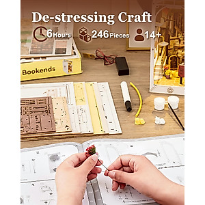 Rolife DIY Book Nook Kit 3D Wooden Puzzle for Adults 9.5" Bookshelf Indert Decor with LED Miniature Dollhouse Kit Bookend Crafts Diorama Hobbies Gifts for Boys Girls (Sunshine Town)
