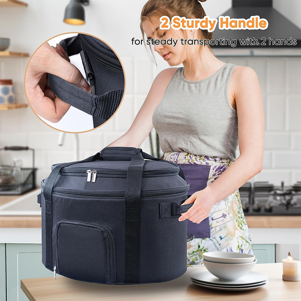 Double-Layer Slow Cooker Carrying Bag for 6-8 Quart CrockPot and Hamlton Beach Slow Cooker, Travel Bag with Lid Fastener for Crock-pot, Portable Carrier Case Slow Cooker Bag with See-thought Window