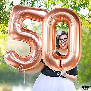 KatchOn, Rose Gold 50th Birthday Balloons - Giant, 40 Inch | 50 Balloon Number | 50th Anniversary Decorations